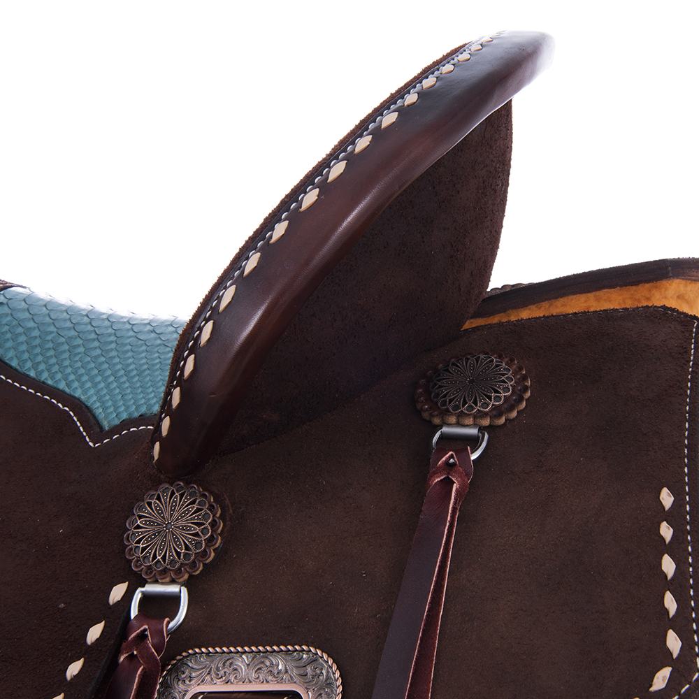 Chocolate RO Turquoise Python Buckstitch Notch Barrel Saddle