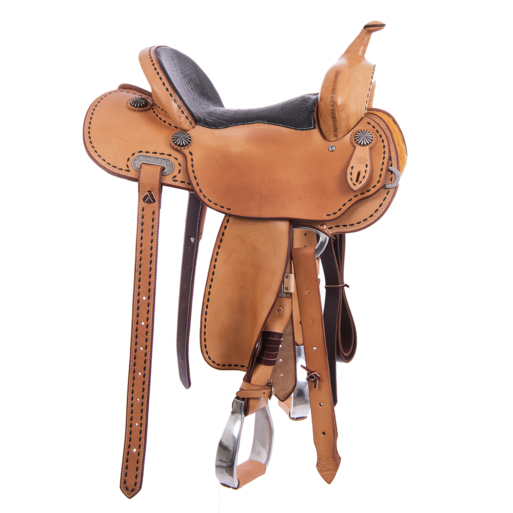 Russet SO Buckstitched Black Alligator Round Barrel Saddle