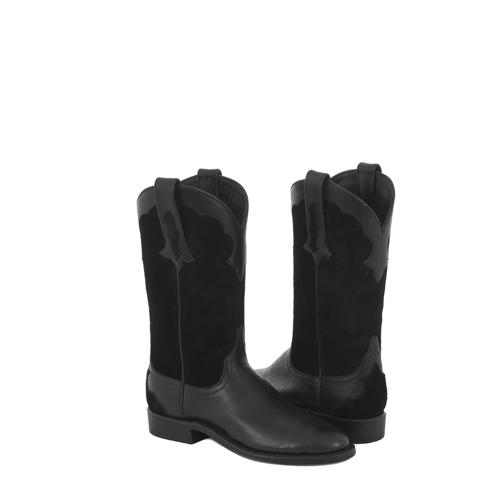 Ladies Black Bison Roughout Roper Boots