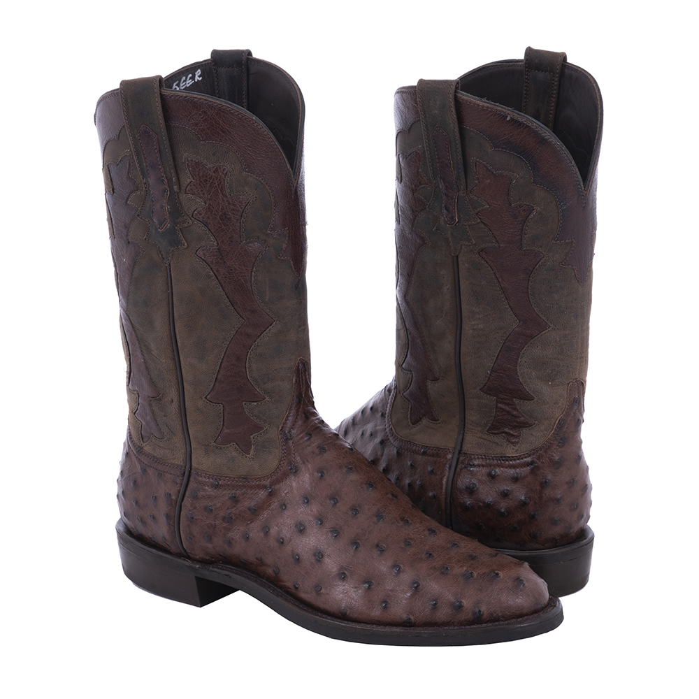 Men's Chocolate Brown Full Quill Ostrich Roper Boots MV Sole