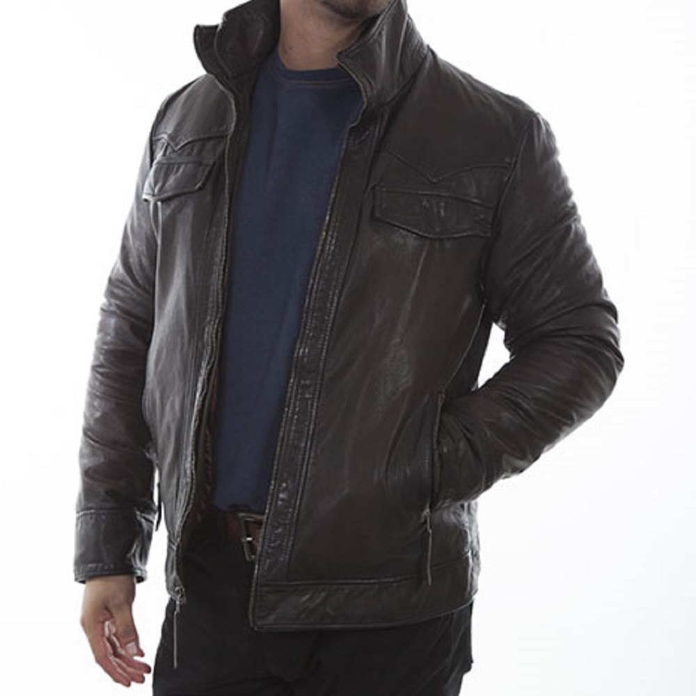 MENS CHOCOLATE DOUBLE COLLAR LEATHER JACKET